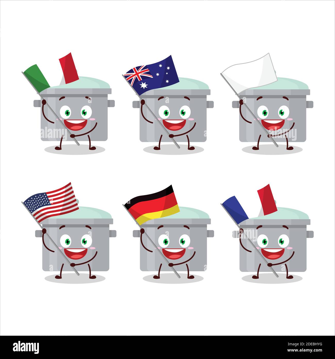 Aluminium grey pan cartoon character bring the flags of various ...