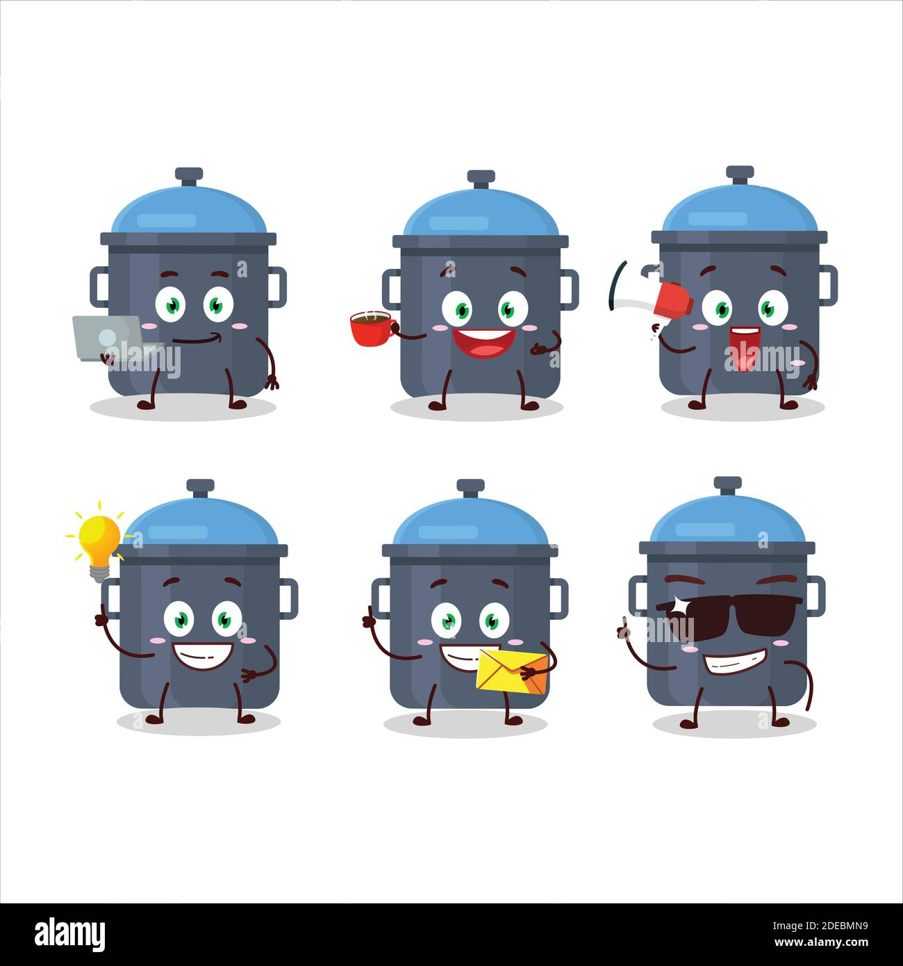 Blue kitchen pan cartoon character with various types of business ...