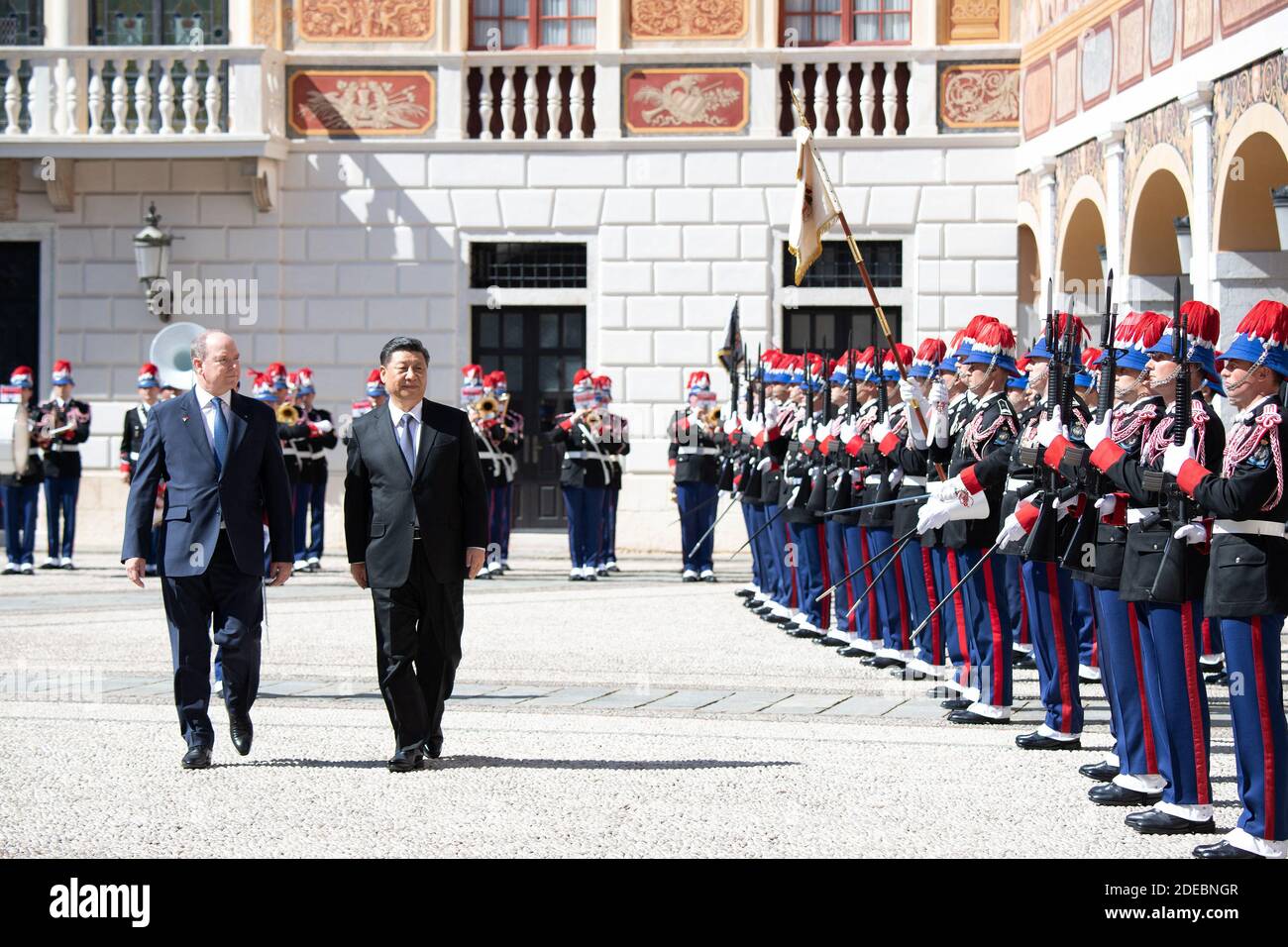 Prince Albert II of Monaco and Chinese President Xi Jinping inspect an ...