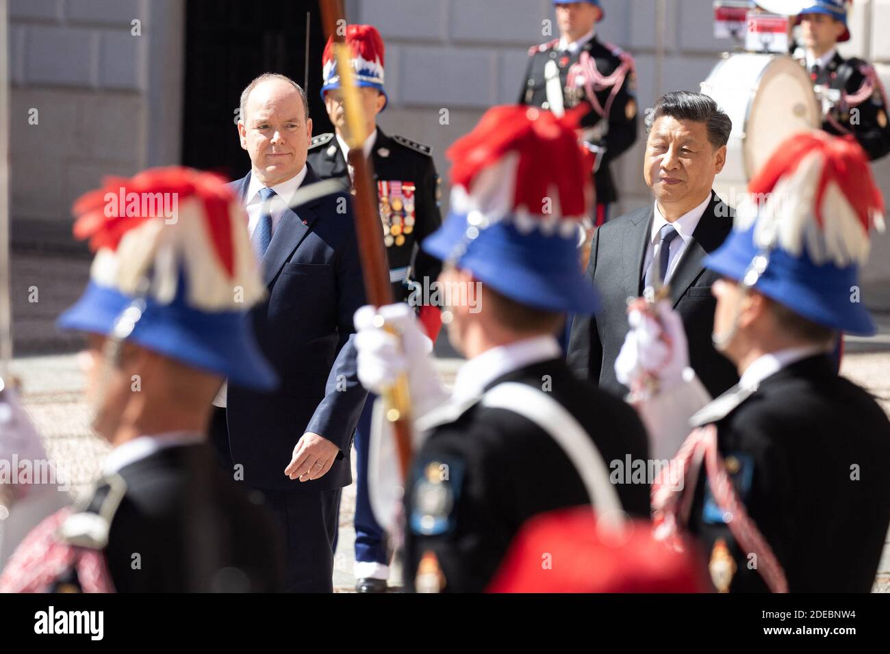 Prince Albert II of Monaco and Chinese President Xi Jinping inspect an ...