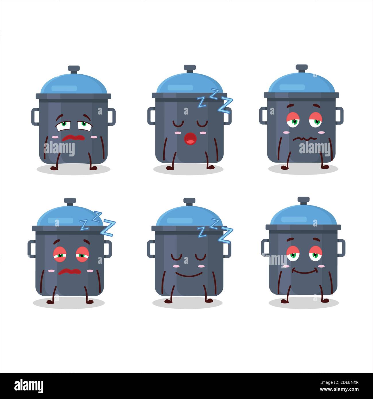 Cartoon character of blue kitchen pan with sleepy expression. Vector ...