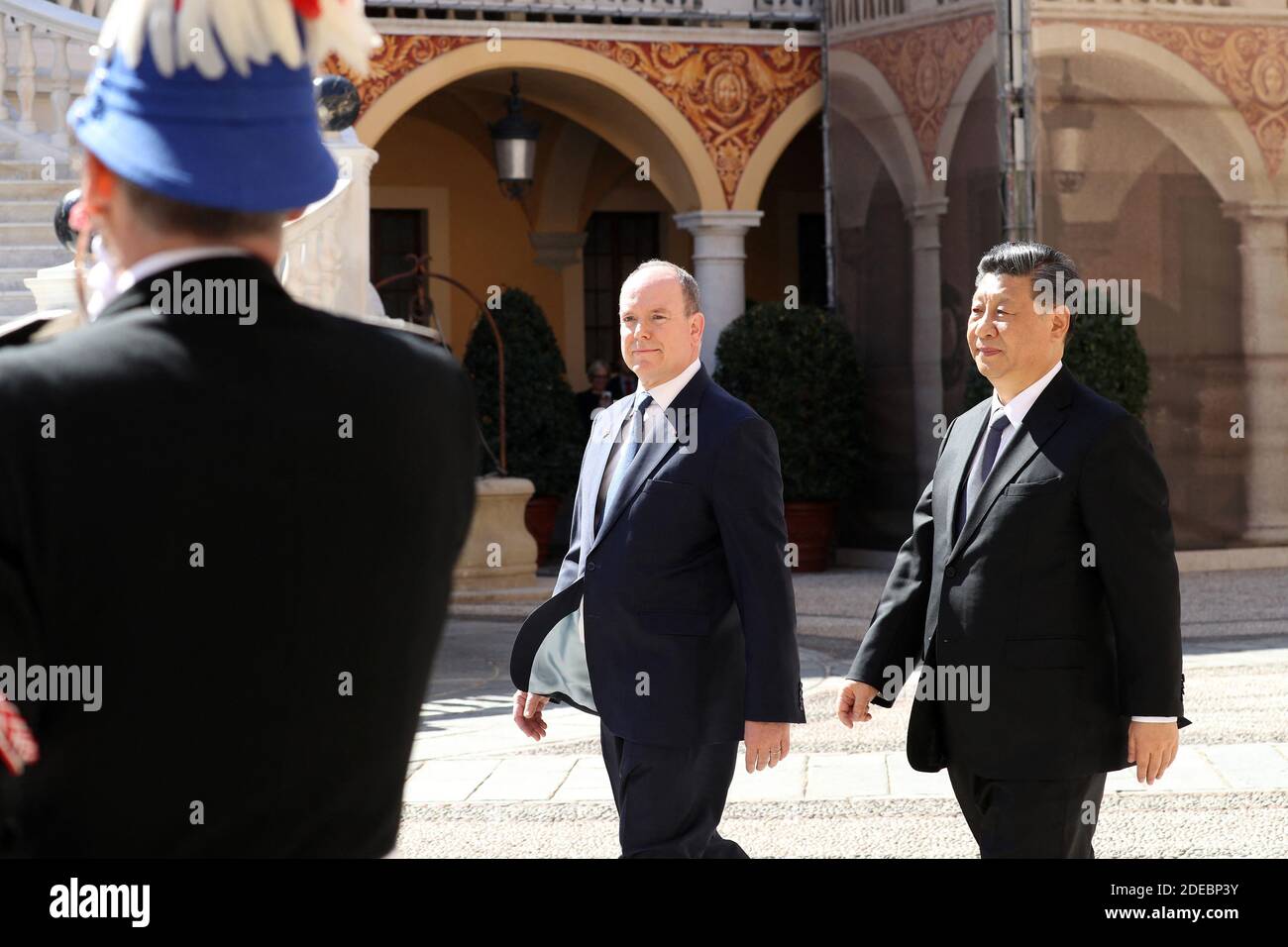 Prince Albert II of Monaco and Chinese President Xi Jinping inspect an ...