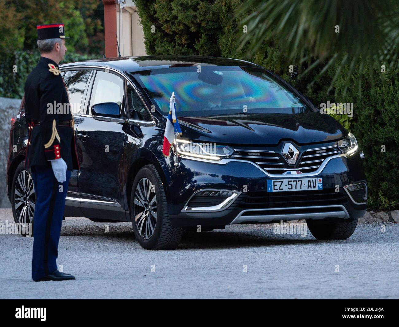 French President Emmanuel Macron's car arrives at the Villa Kerylos for ...