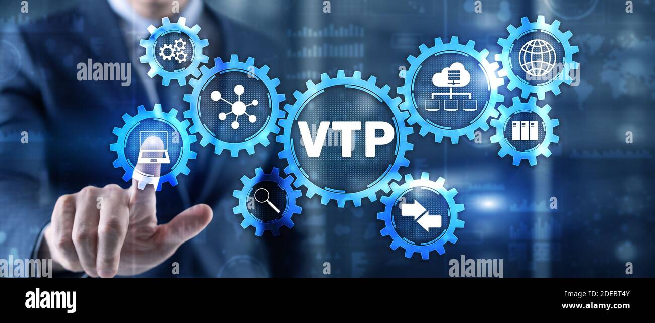 VLAN Trunking Protocol. Technology networks cocept. Blue Background ...