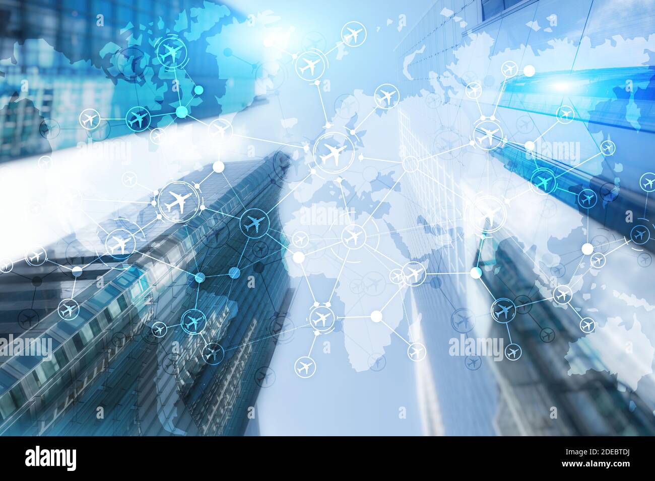 Airplane icons on modern city background. Flight schemes Stock Photo ...