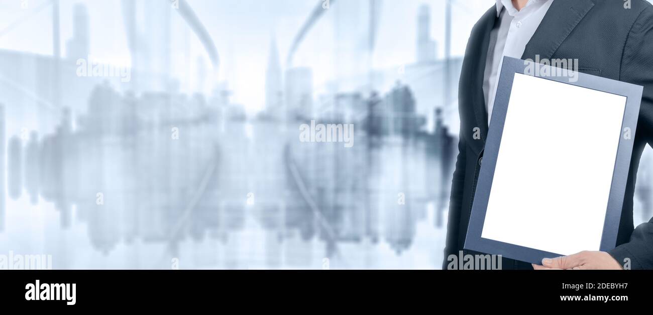 Blank diploma or certificate mockup. Banner with Businessman holding in ...