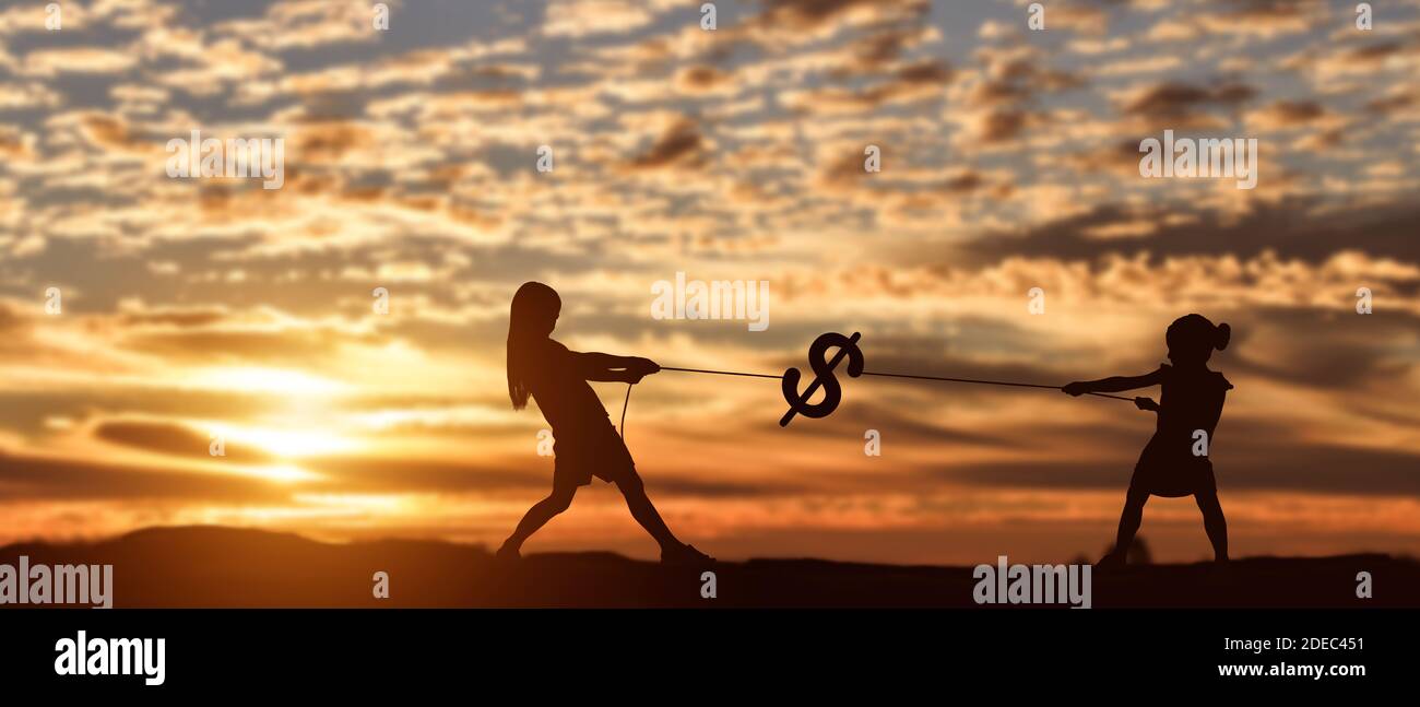Silhouette of two girl pulling rope dollar at sunset background Stock ...