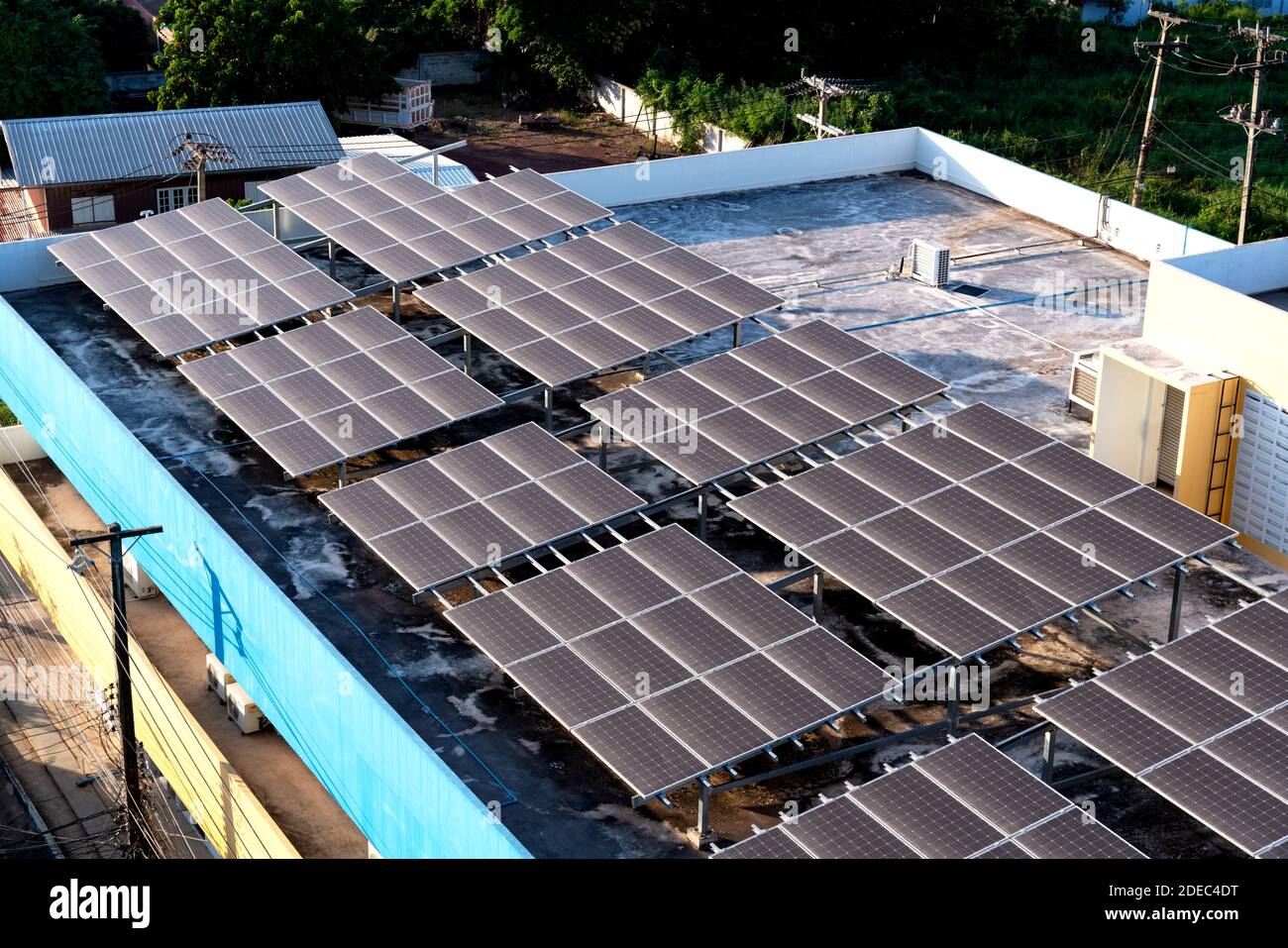 Solar panels or Solar cells on building rooftop or terrace with sun ...