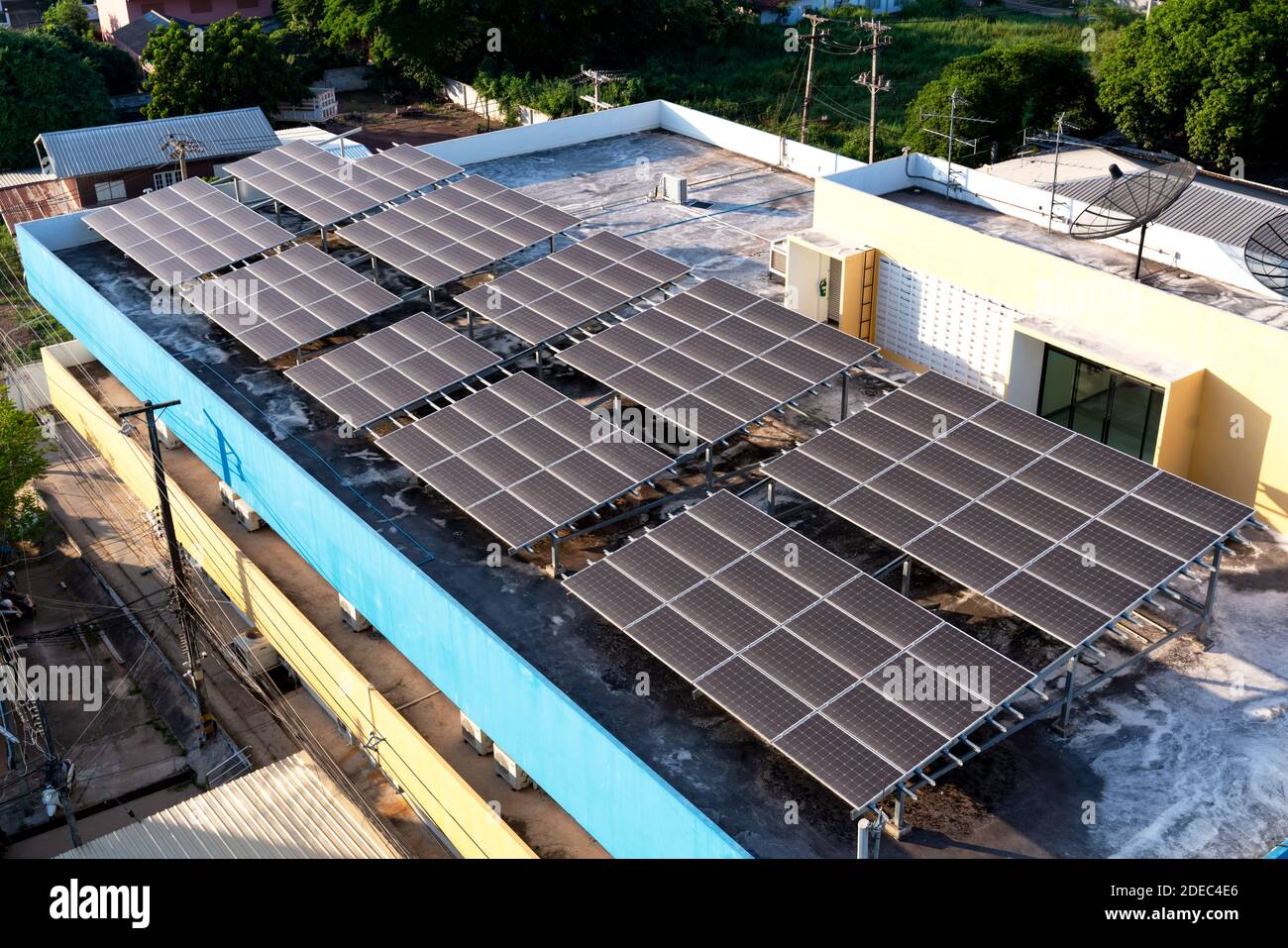 Solar panels or Solar cells on building rooftop or terrace with sun ...