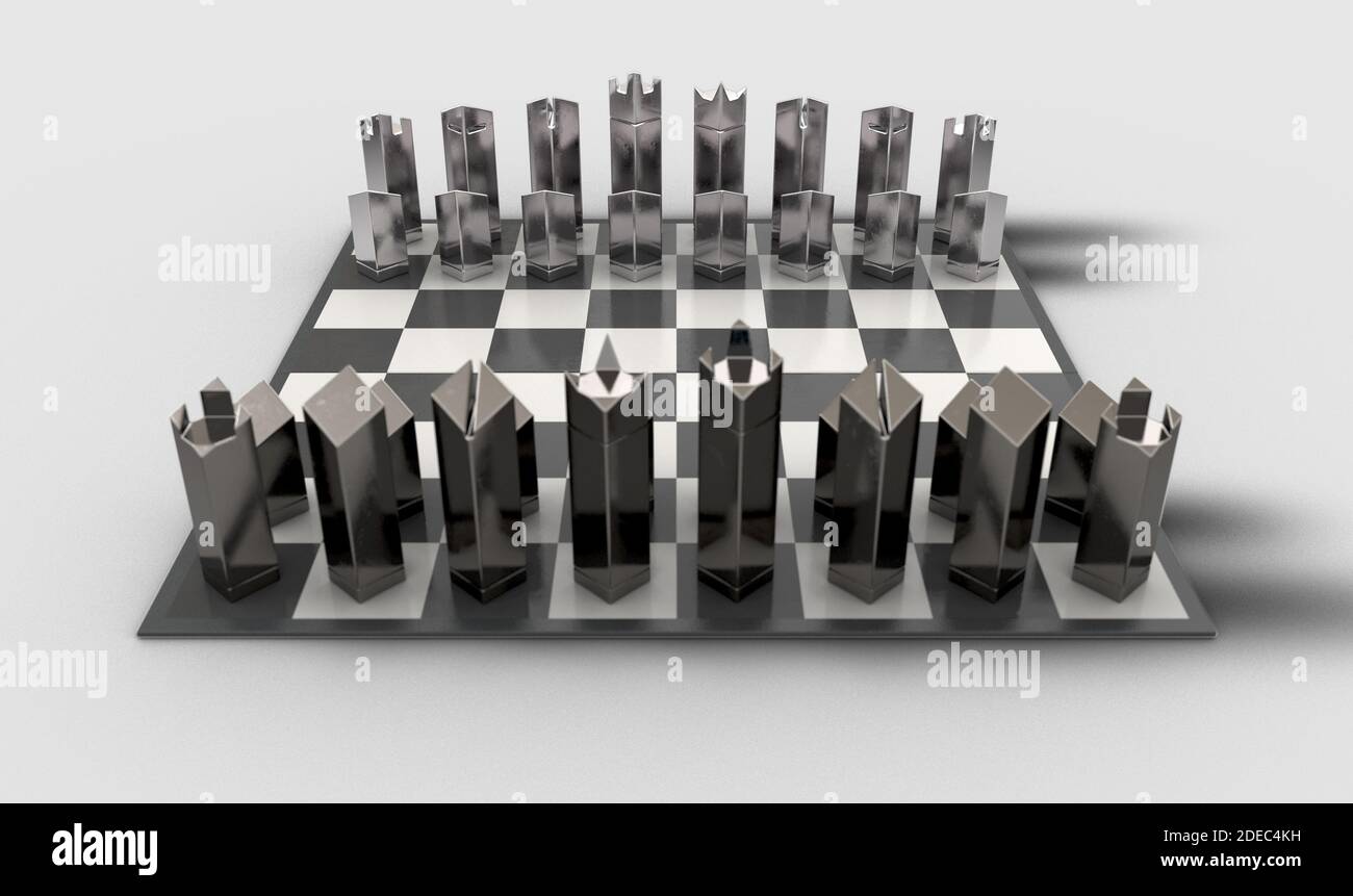 A minimalist metal chess set setup to begin on a checkered board and ...