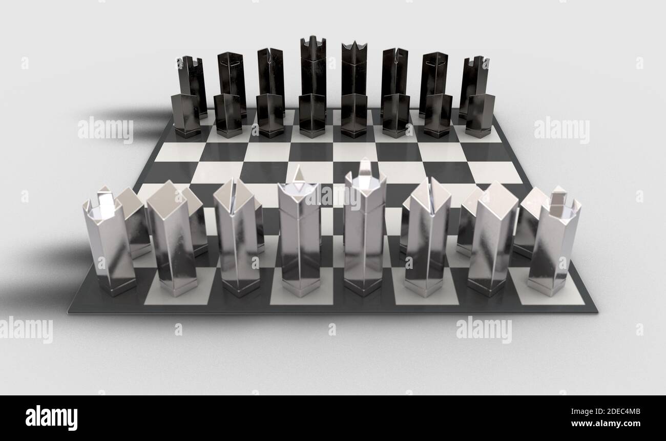 A minimalist metal chess set setup to begin on a checkered board and ...