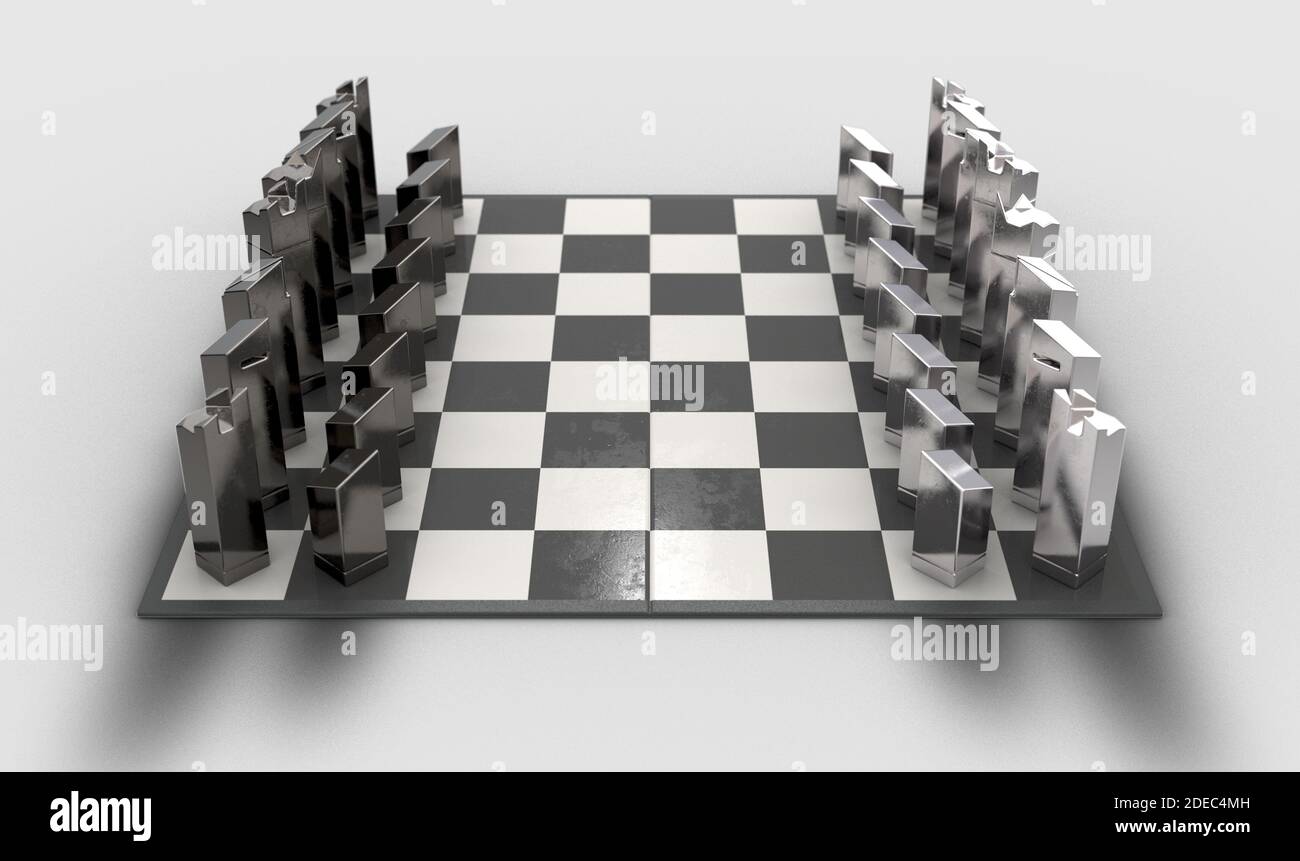 A minimalist metal chess set setup to begin on a checkered board and ...