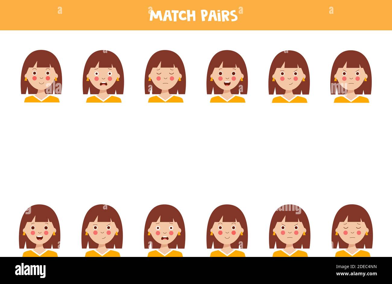 Matching pairs of pictures. Cute girl faces with emotions. Logical game ...