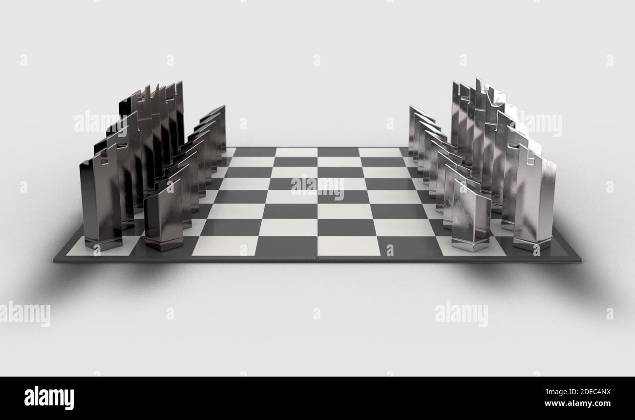 A minimalist metal chess set setup to begin on a checkered board and ...