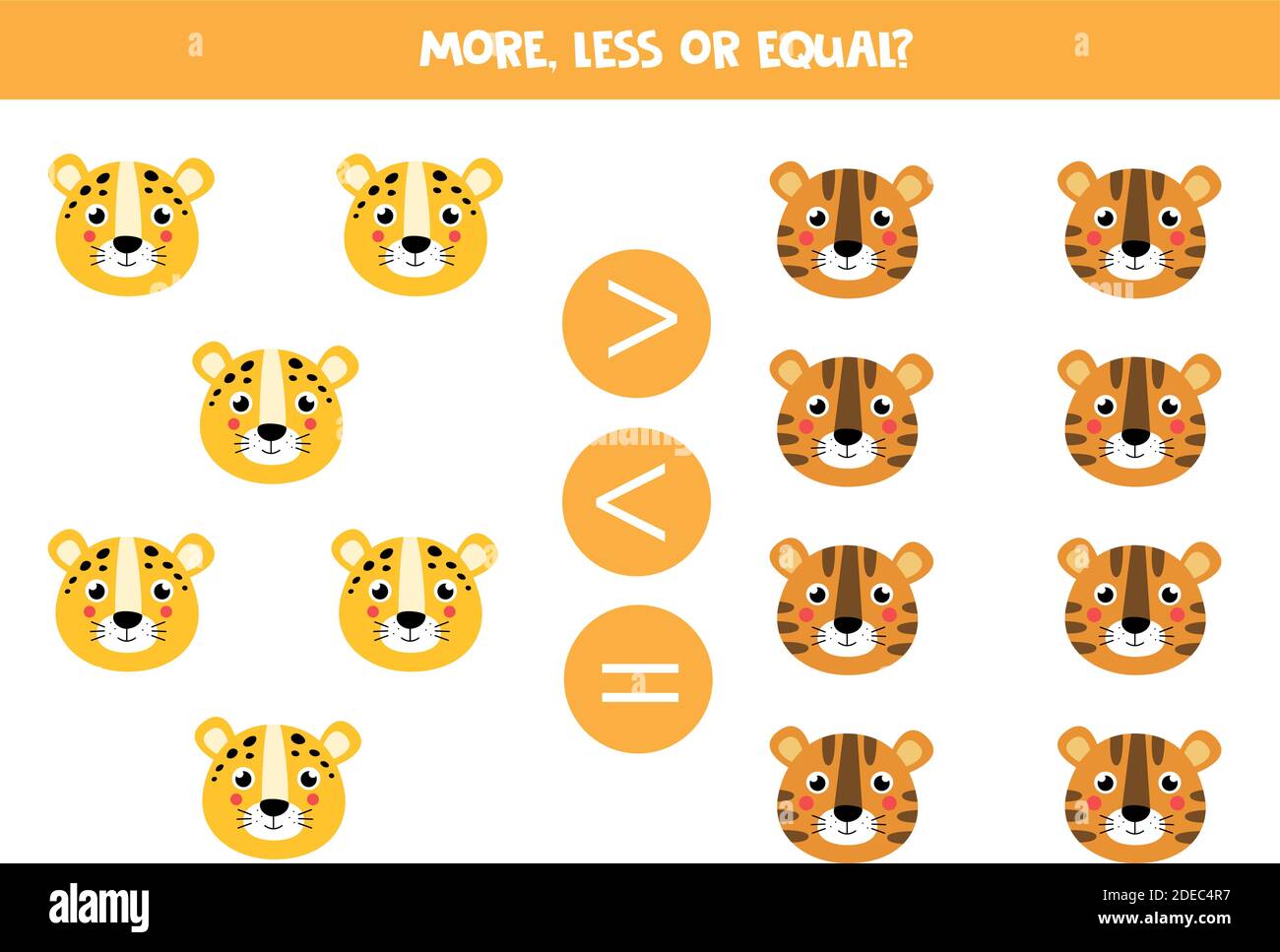 More, less, equal with cute animal faces of leopard and tiger. Math ...