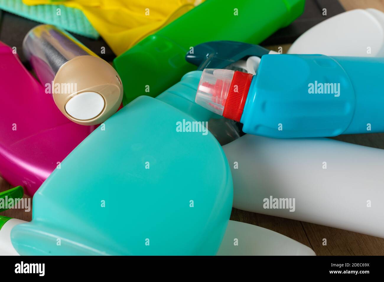 Colorful cleaning products in the kitchen Stock Photo - Alamy
