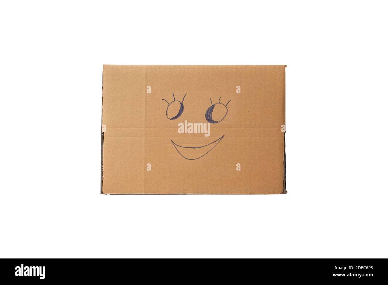 Cardboard box with smiley face isolated on white background. with ...