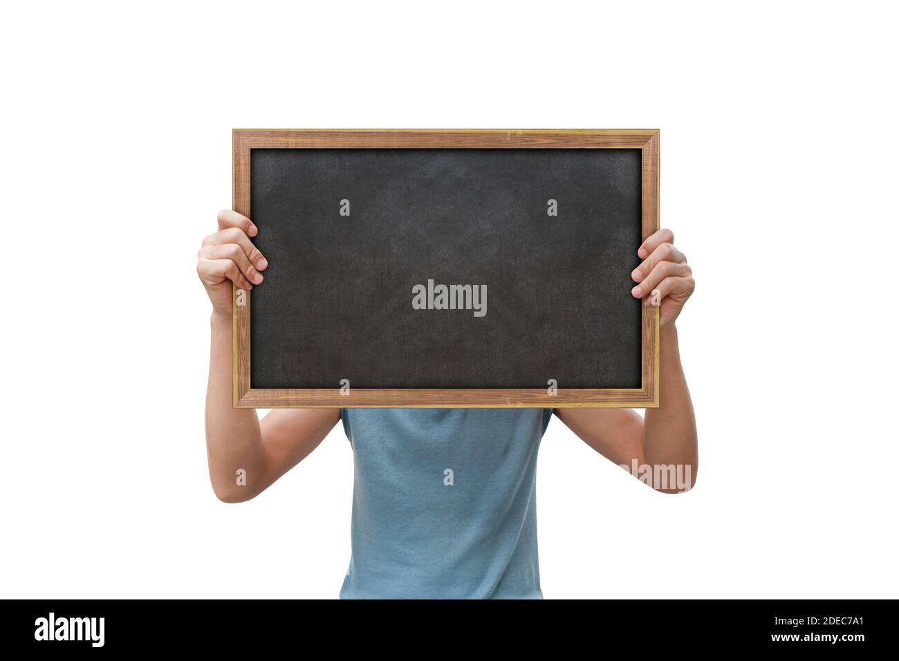 Man hand holding a small blackboard isolated on white background. with ...