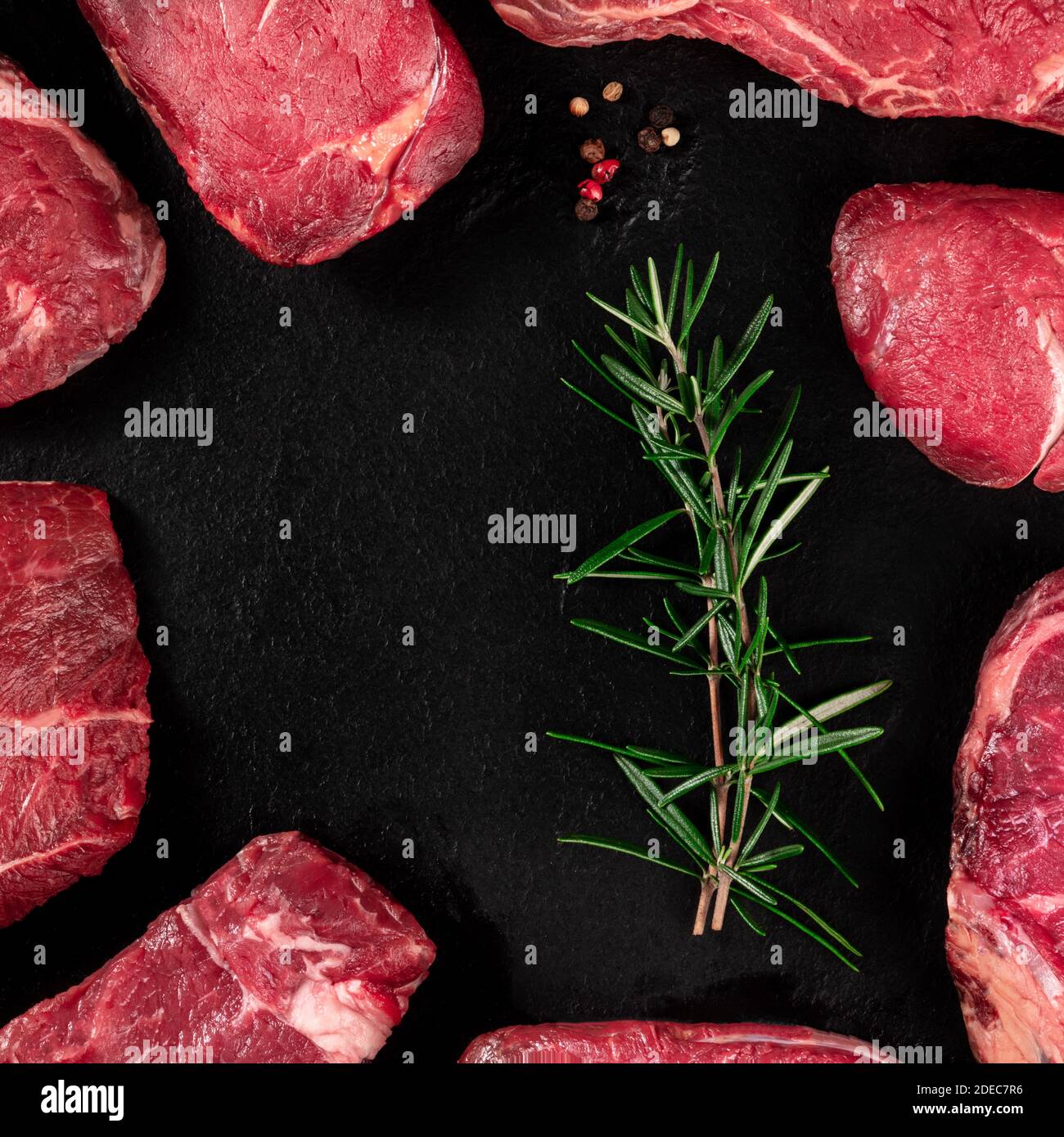 Meat frame. Various cuts of beef, overhead flat lay shot, a square ...