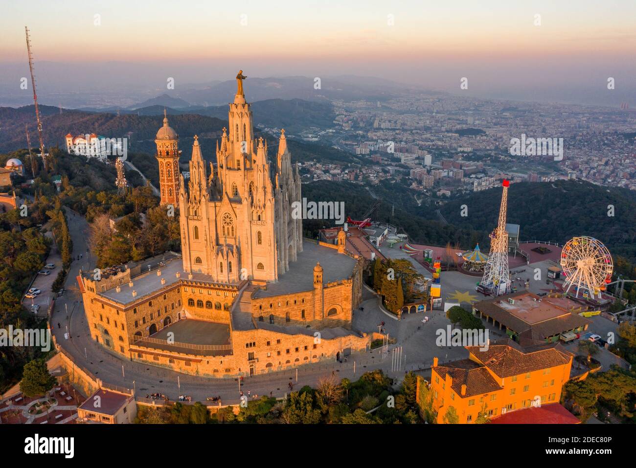 Aerial drone view of Basilica Sacred Heart on Mount Tibidabo near ...