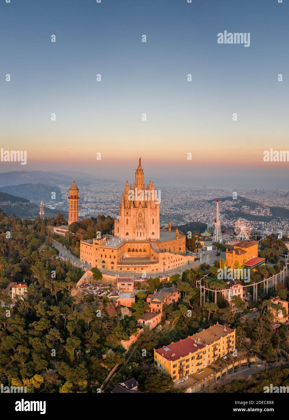 Aerial drone view of Basilica Sacred Heart on Mount Tibidabo near ...