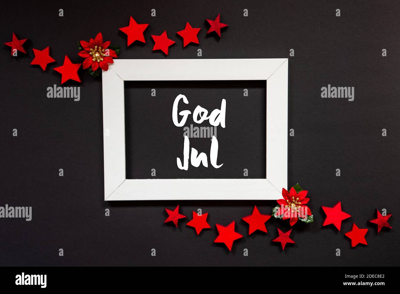 Frame, Red Winter Rose, Star, God Jul Means Merry Christmas Stock Photo ...