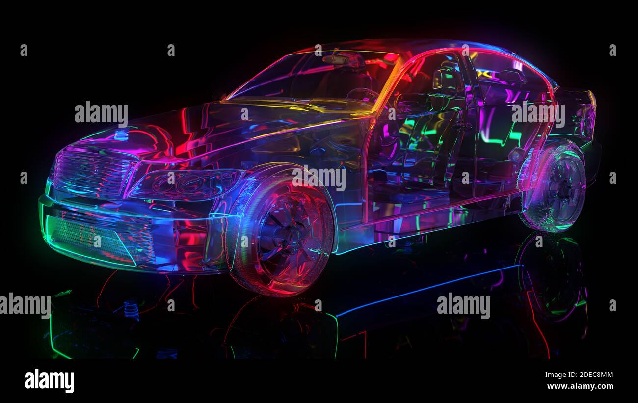 Glass car with neon lighting. The edges of the car are highlighted ...