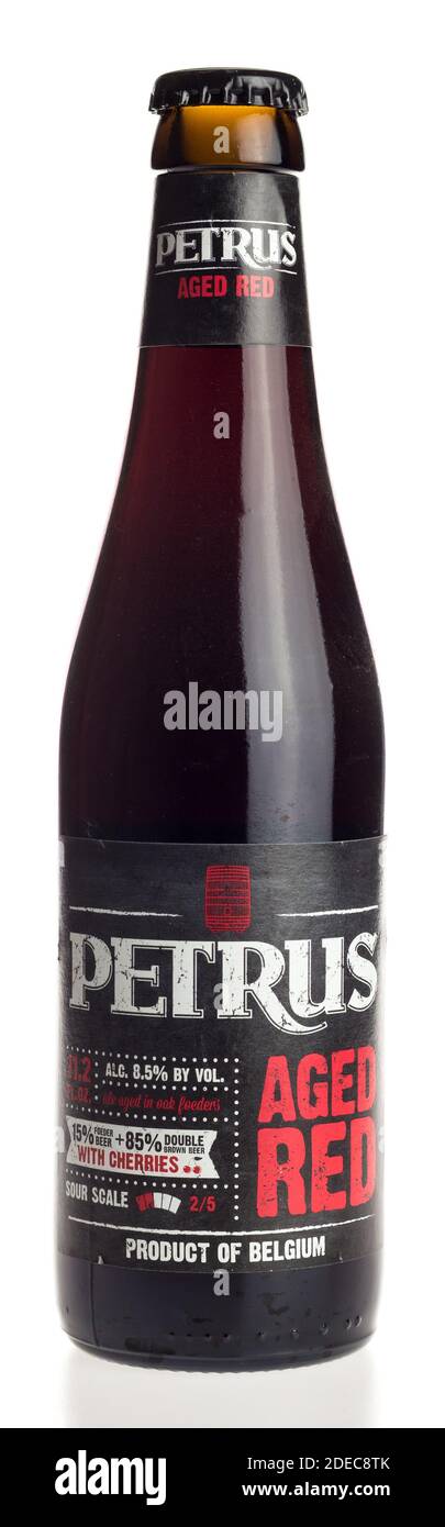 Bottle of belgian Petrus Aged Red beer isolated on a white background ...