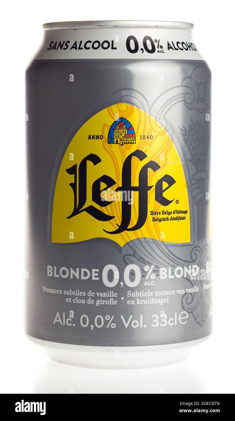 Can of non alcoholic Leffe Blond beer isolated on a white background ...