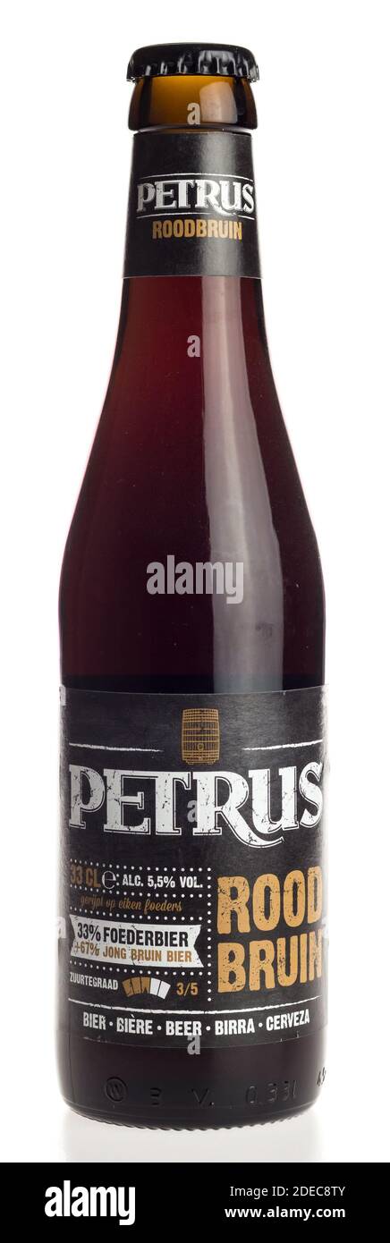 Bottle of belgian Petrus Rood Bruin beer isolated on a white background ...
