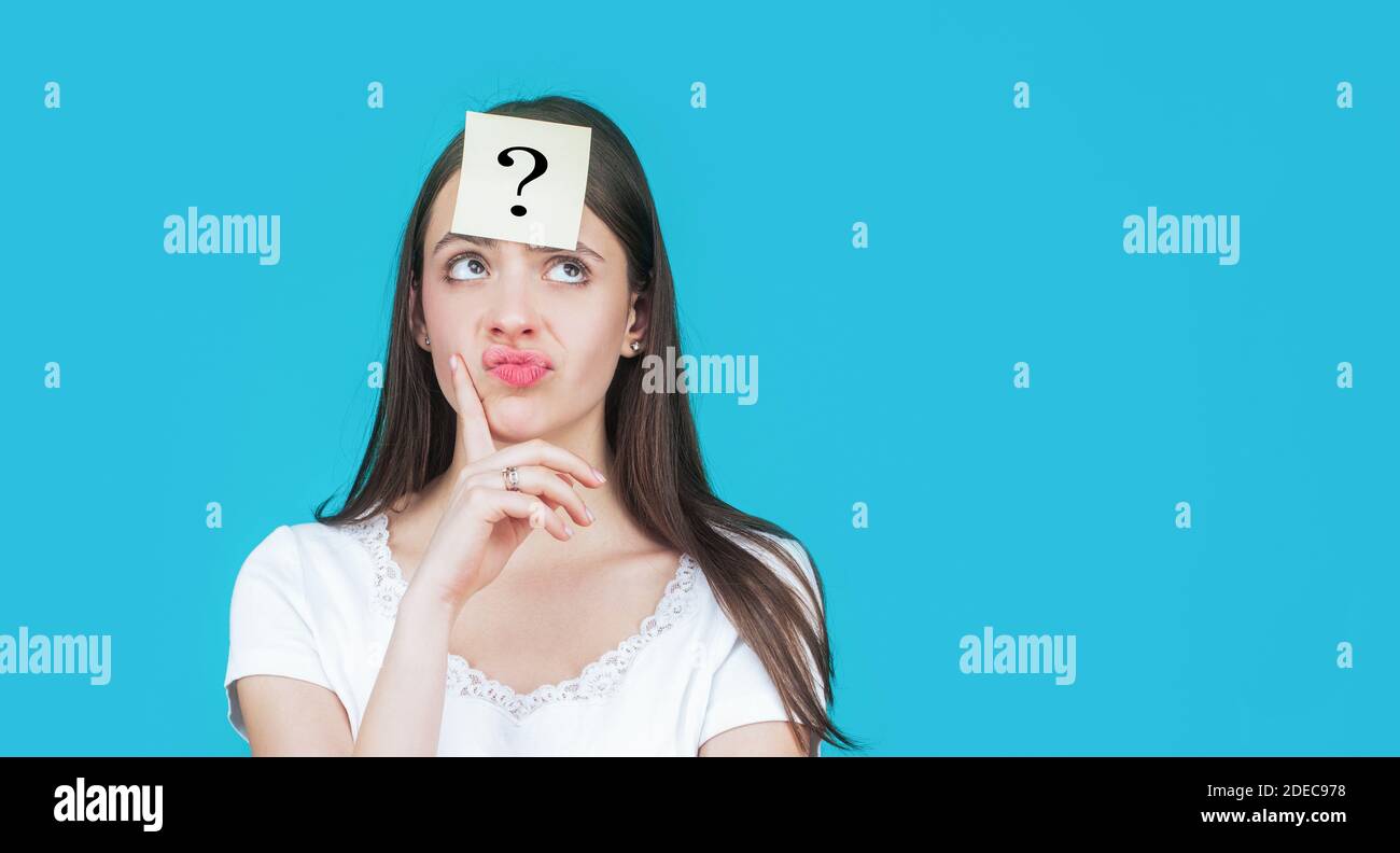 Thinking woman with question mark. Doubtful girl asking questions to ...