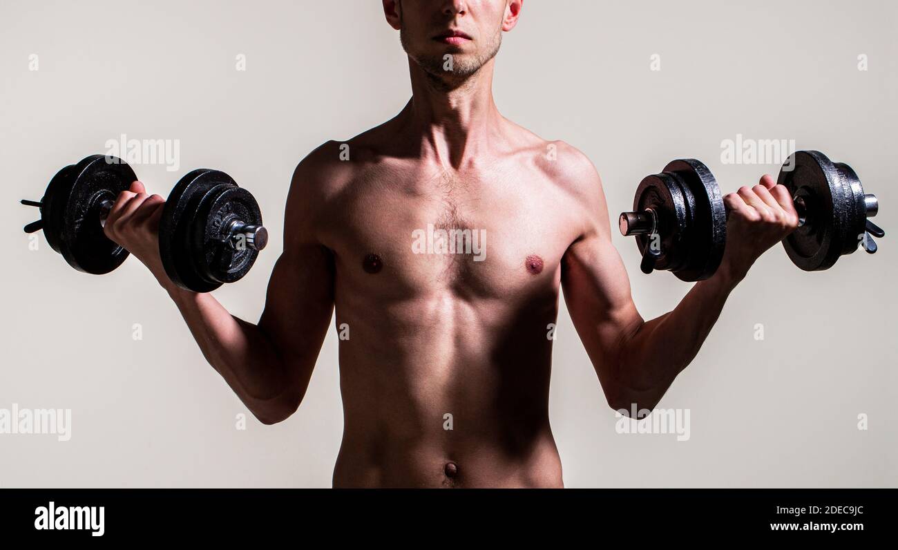 Weak man lift a weight, dumbbells, biceps, muscle, fitness. Nerd ...