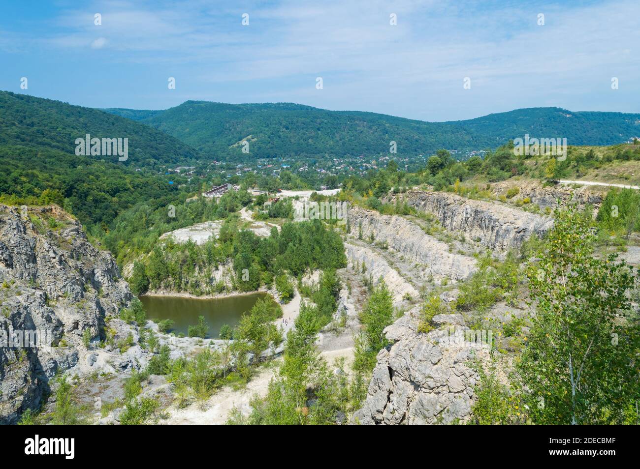Panorama of abandoned and flooded quarry. Beautiful summer landscape in ...