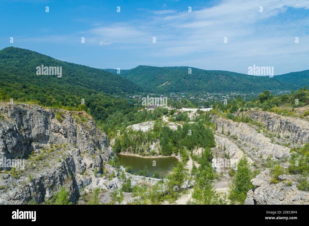 Panorama of abandoned and flooded quarry. Beautiful summer landscape in ...