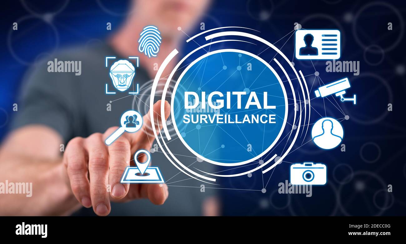 Man touching a digital surveillance concept on a touch screen with his ...