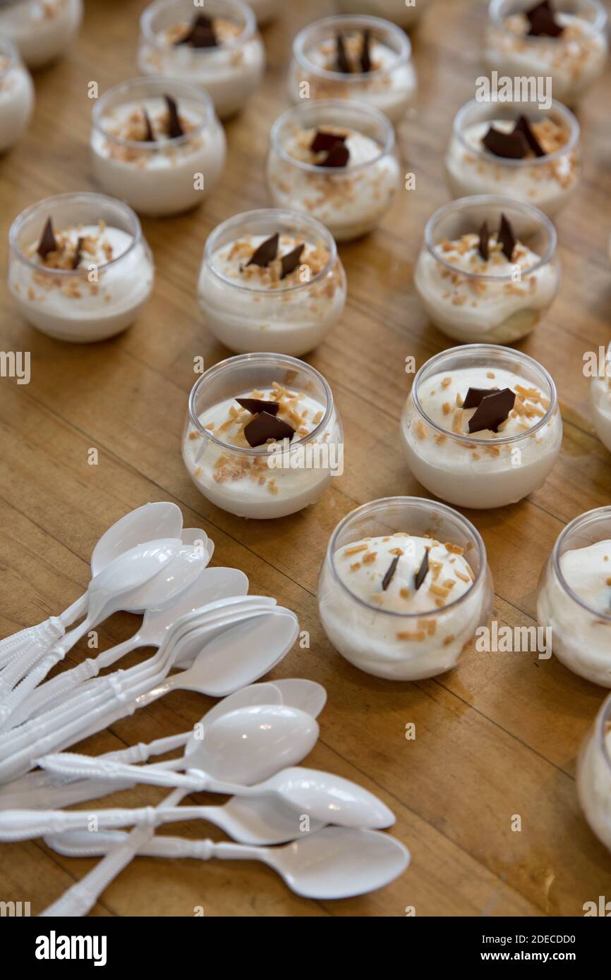 Vanilla flavoured mousse garnished with dark chocolate on a buffet ...