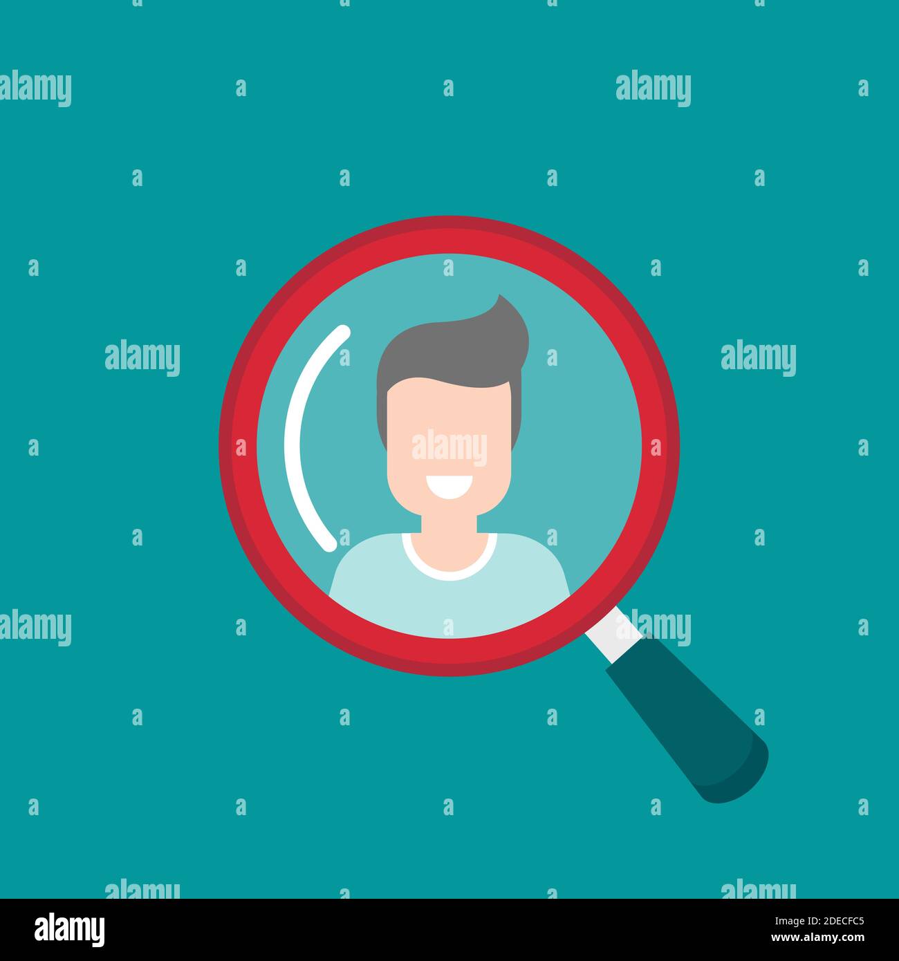 Recruitment icon. Red magnifier with human isolated on Blue. Magnifying ...