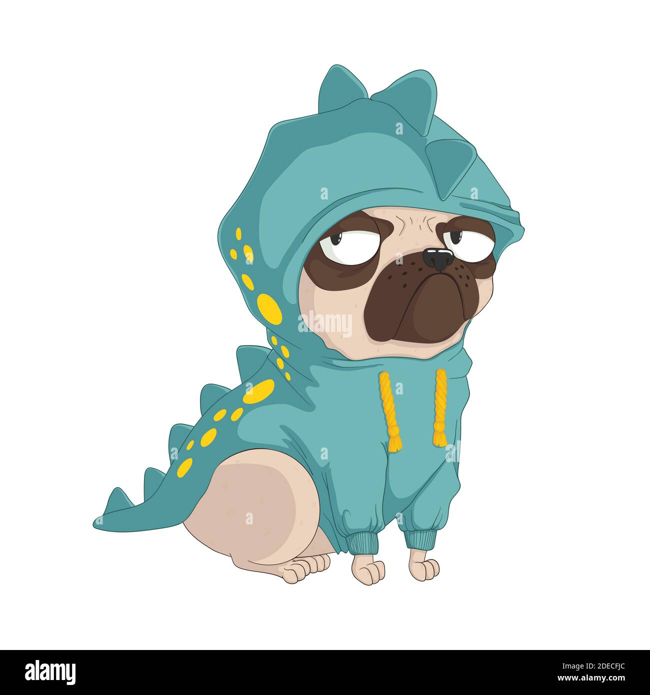 Cute pug dog wearing funny dinosaurs costume. Vector hand drawn ...