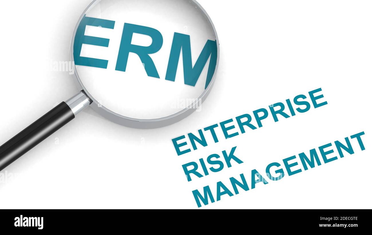 ERM , enterprise risk management, word under magnifying glass, 3d ...