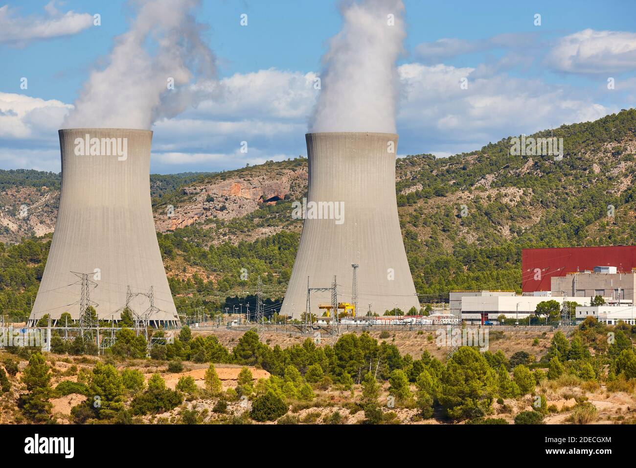 Nuclear power plant chimneys with steam. Sustainable energy Stock Photo ...