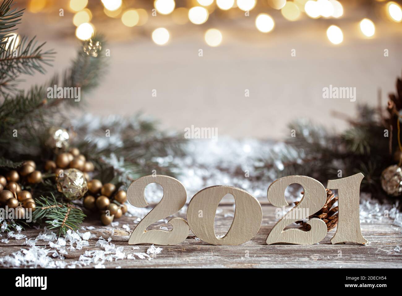 Cozy Christmas background with decorative wooden 2021 numbers on ...