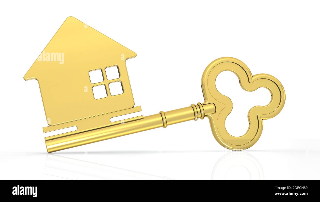 Golden key with house symbol, 3D rendering Stock Photo - Alamy