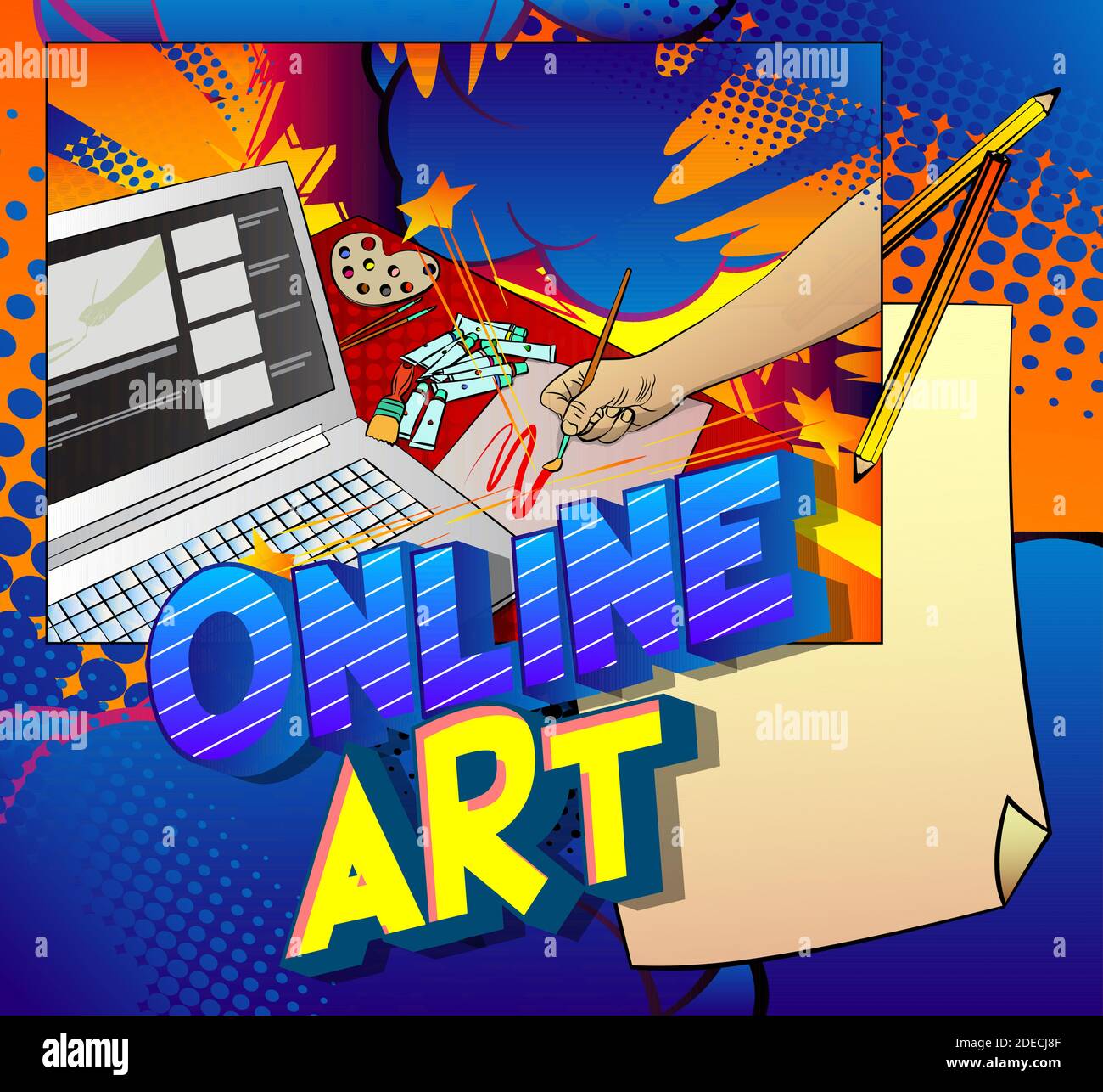 Comic book style poster for distance art education concept with Online ...