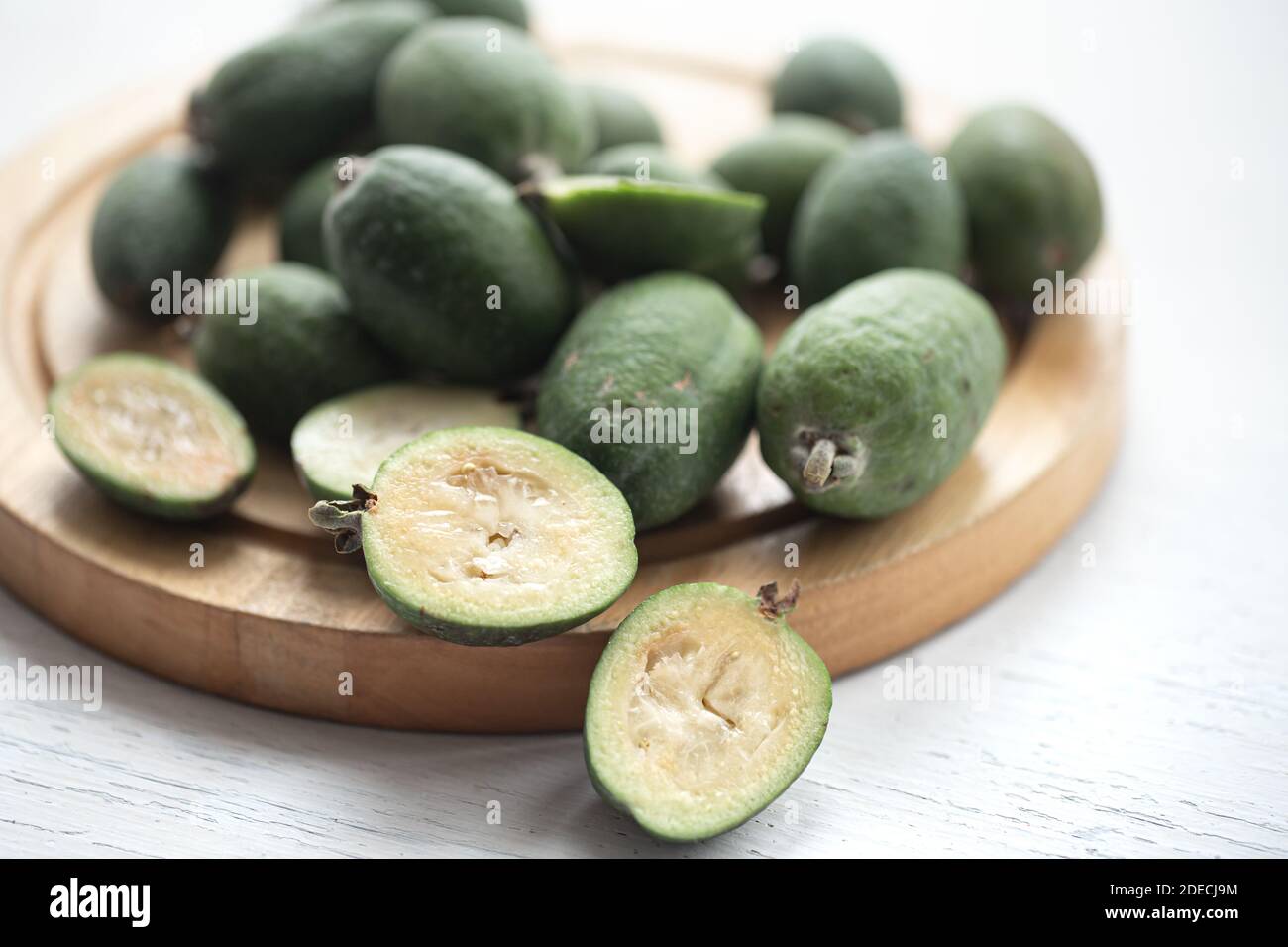 Feijoa green on a light background. Feijoa Selloana is a fruit crop ...