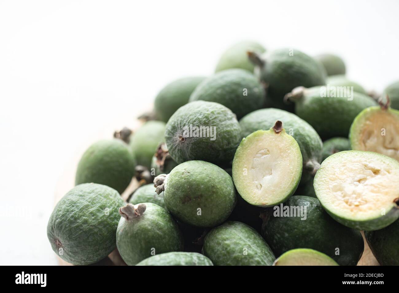 Feijoa green on a light background. Feijoa Selloana is a fruit crop ...