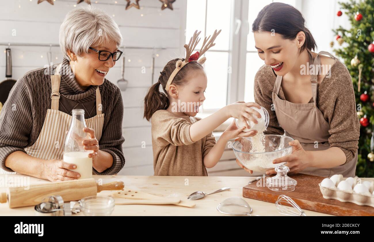 Merry Christmas and Happy Holidays. Family preparation holiday food ...
