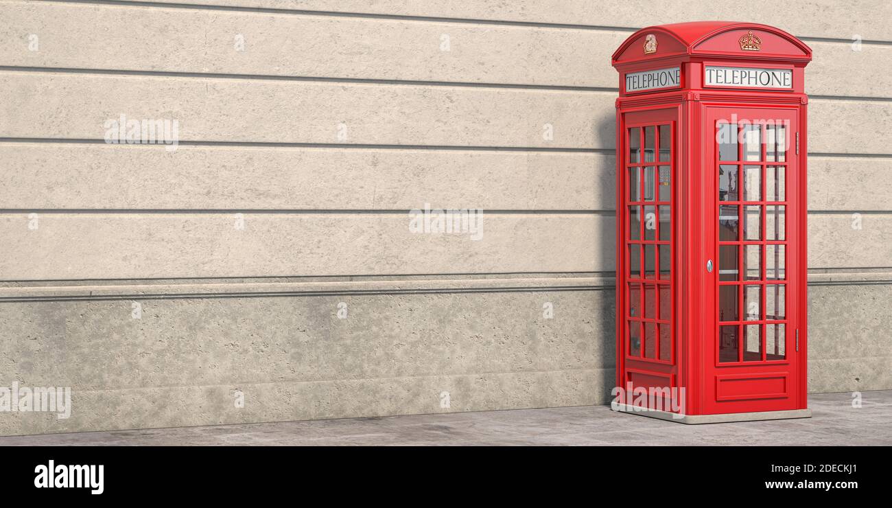 Red phone booth on brick wall background. London, british and english ...
