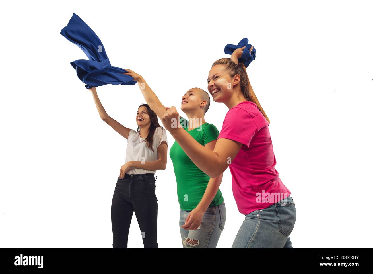 Winning. Female soccer fans cheering for favourite team with bright ...