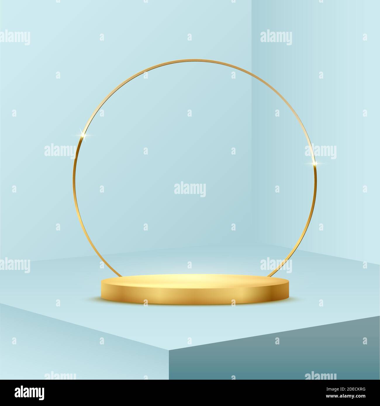 Round golden podium with ring standing on blue pastel background. 3d ...