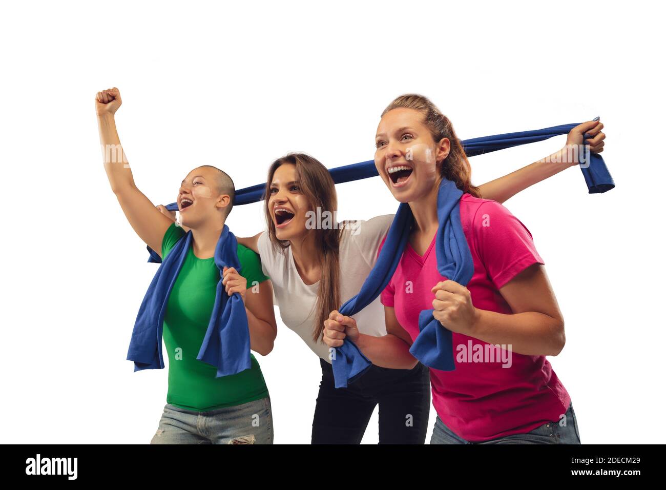 Winning. Female soccer fans cheering for favourite team with bright ...